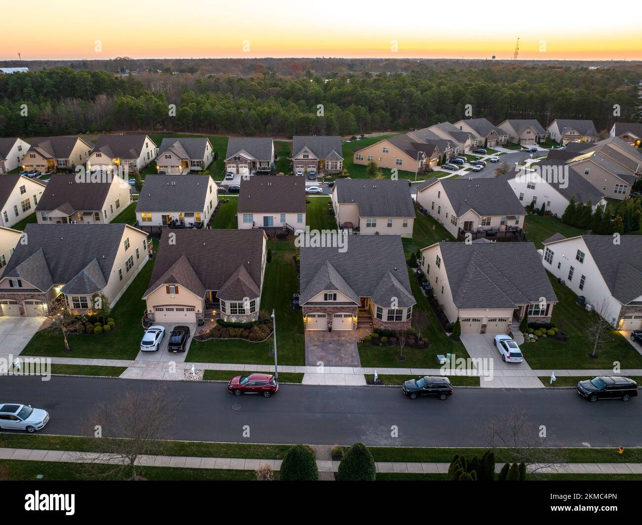 An aerial view of a typical American residential area in New Jersey at ...