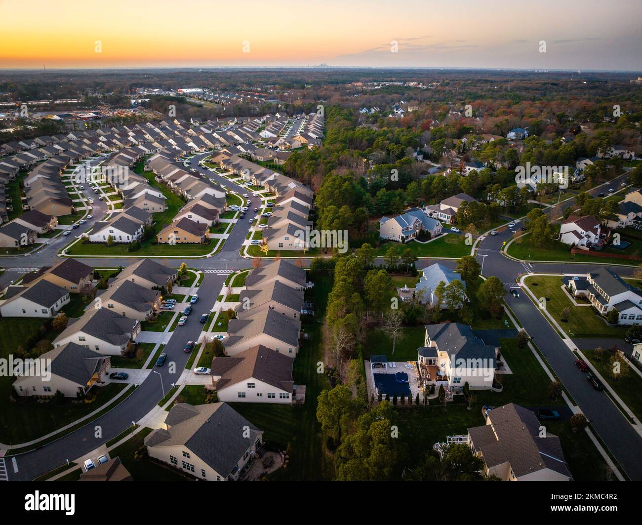 An aerial view of a typical American residential area in New Jersey at ...