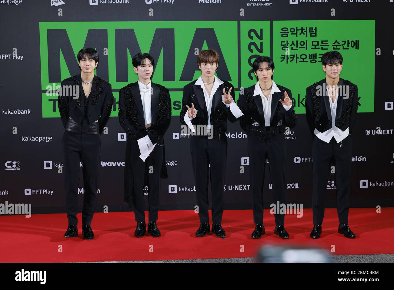 South Korean K-Pop boys group Monsta X, attend a red carpet for the 14th Melon Music Awards ...
