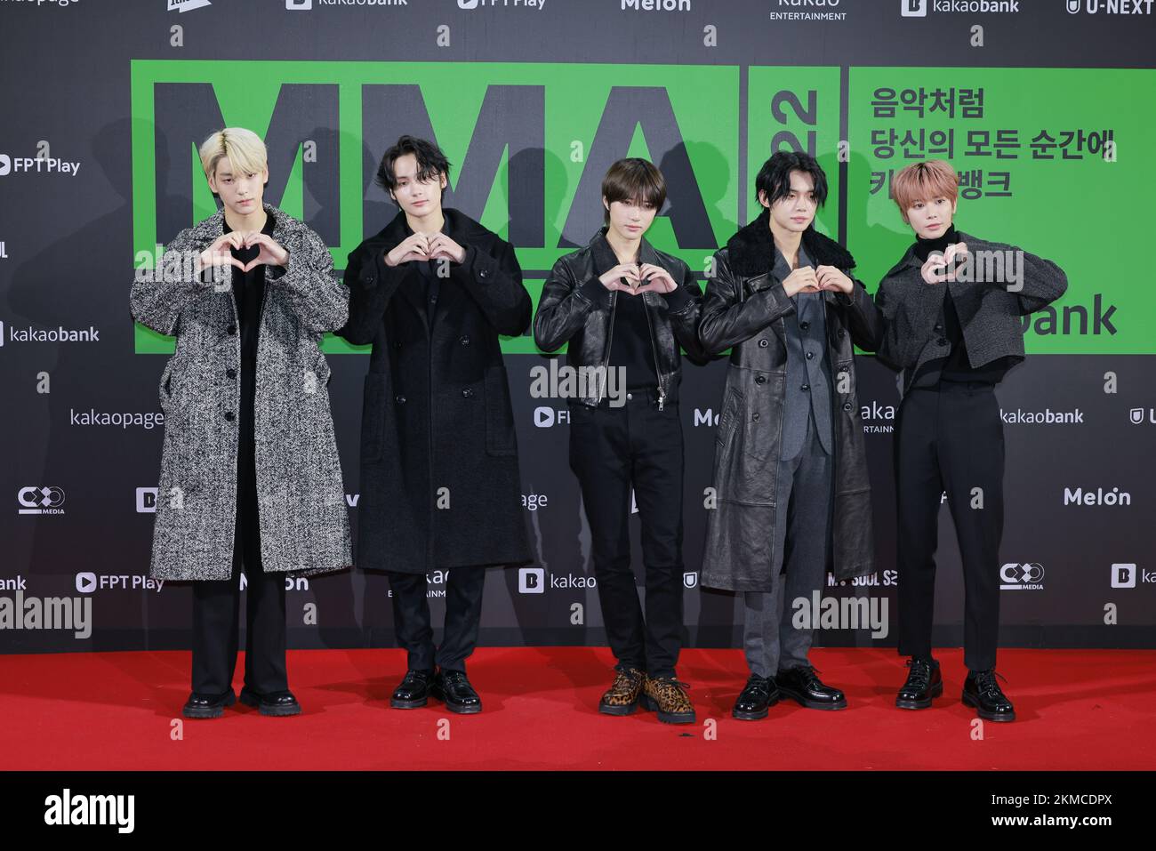 South Korean K-Pop boys group TXT, attend a red carpet for the 14th ...