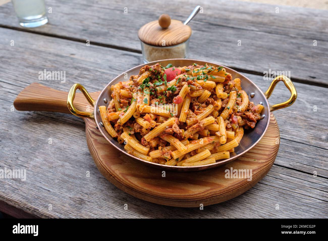 Old pan with shepherd-style macaroni on the terrace of an Italian ...