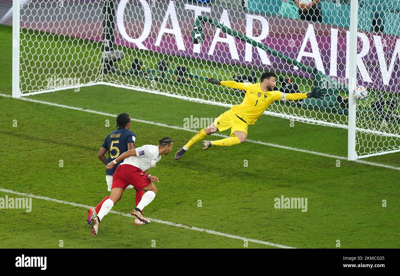 Denmark's Martin Braithwaite clips the outside of the post during the ...