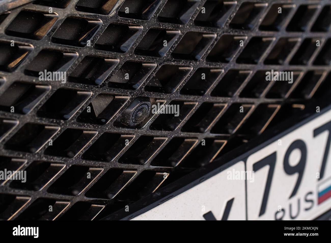 Close up view of front parking assist video camera on the car. Front ...