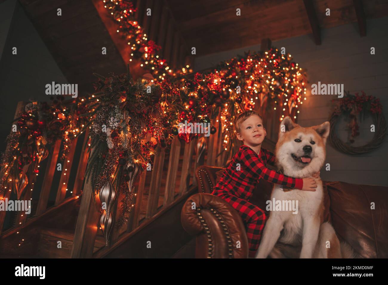 Smile small child having fun with dog waiting for miracle Santa at noel ...