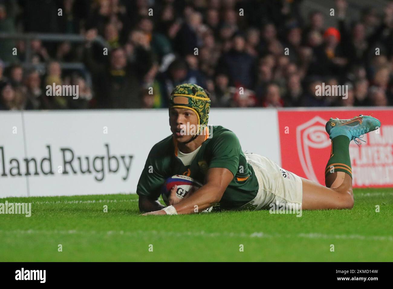 South Africa's Kurt-Lee Arendse scores a try during the Autumn ...