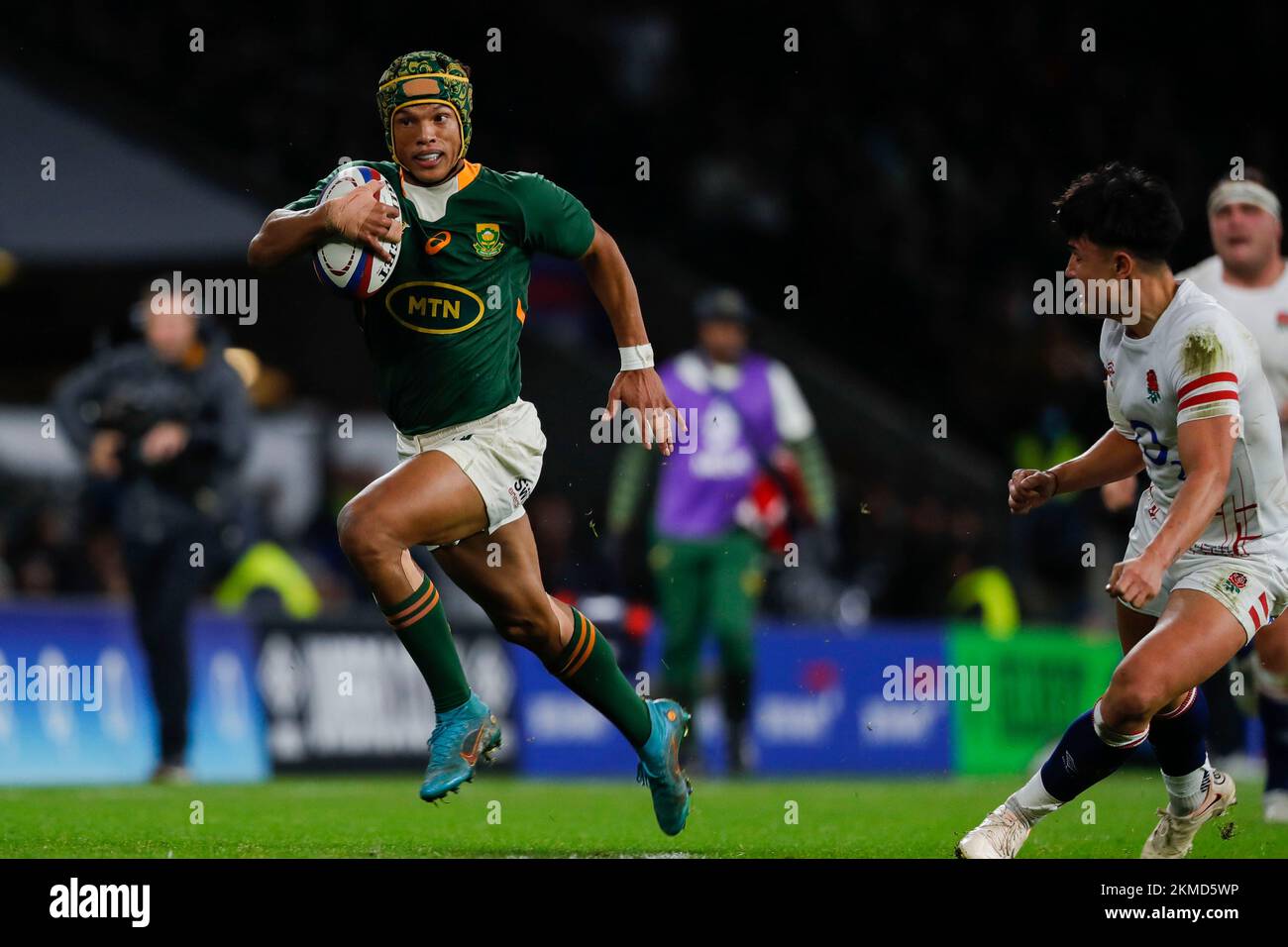 South Africa's Kurt-Lee Arendse on his way to scoring a try during the ...