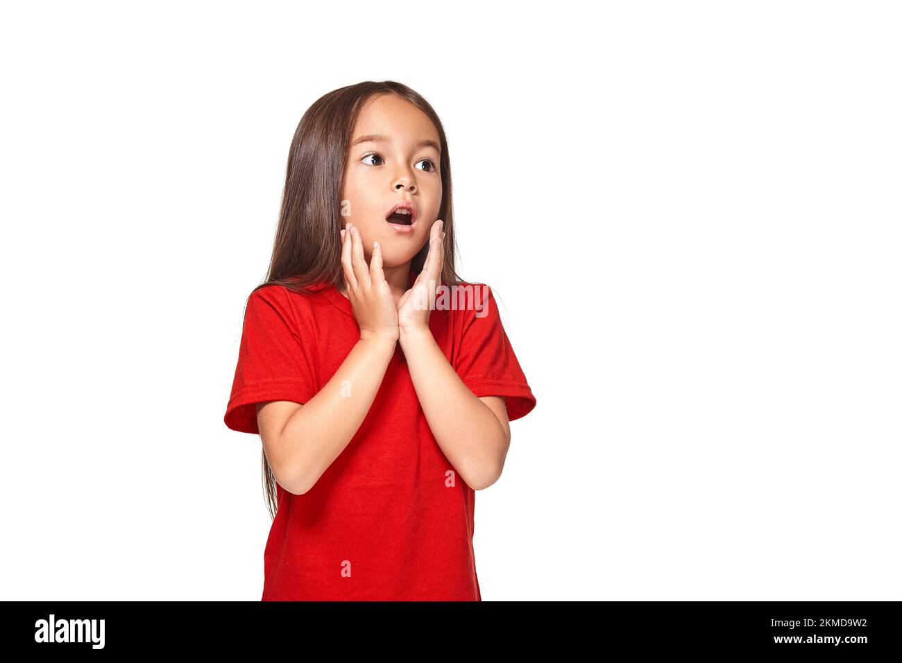 Portrait of little surprised girl excited scared. Isolated on white ...