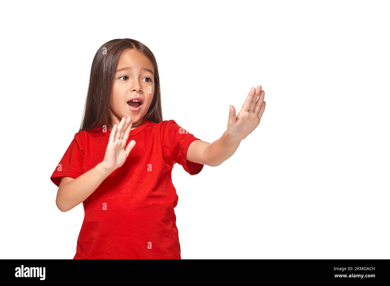 Portrait of little surprised girl excited scared. Isolated on white ...