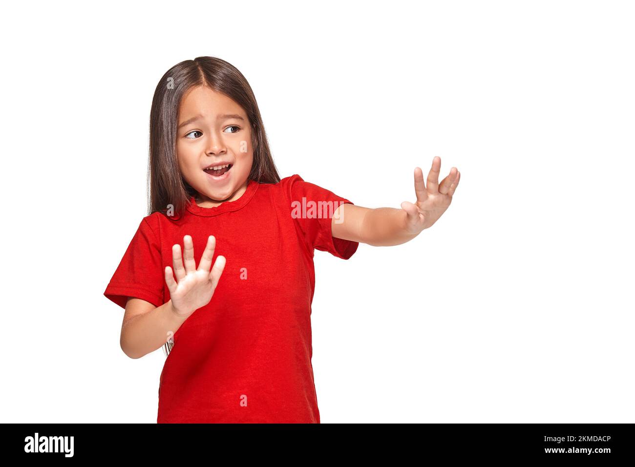 Portrait of little surprised girl excited scared. Isolated on white ...
