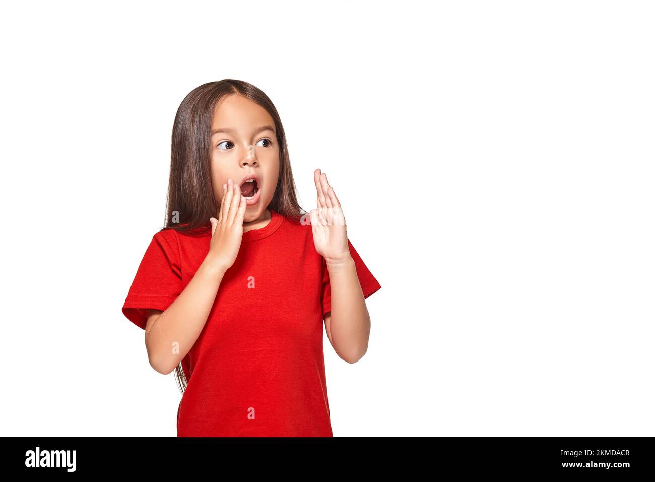 Portrait of little surprised girl excited scared. Isolated on white ...