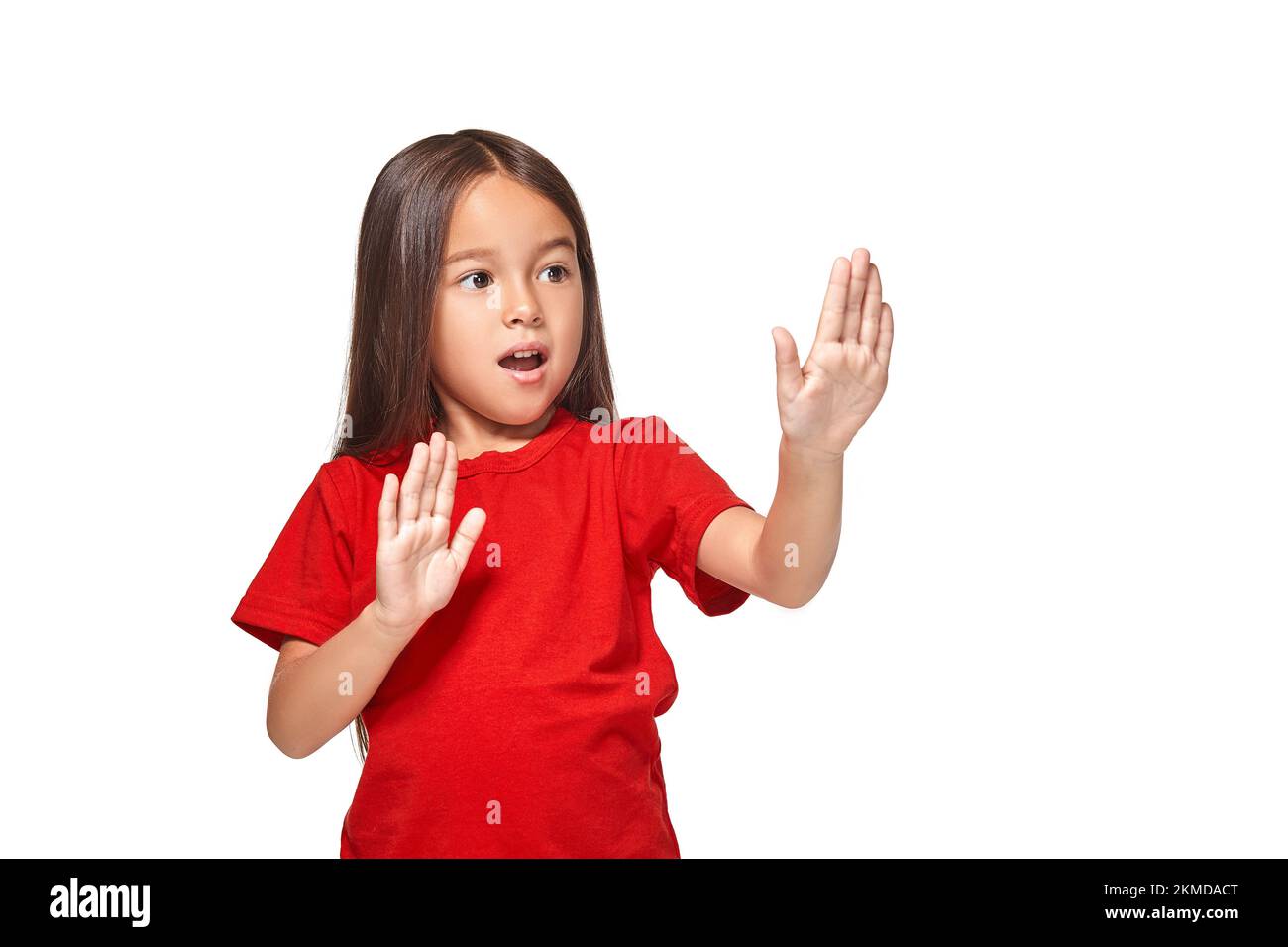 Portrait of little surprised girl excited scared. Isolated on white ...