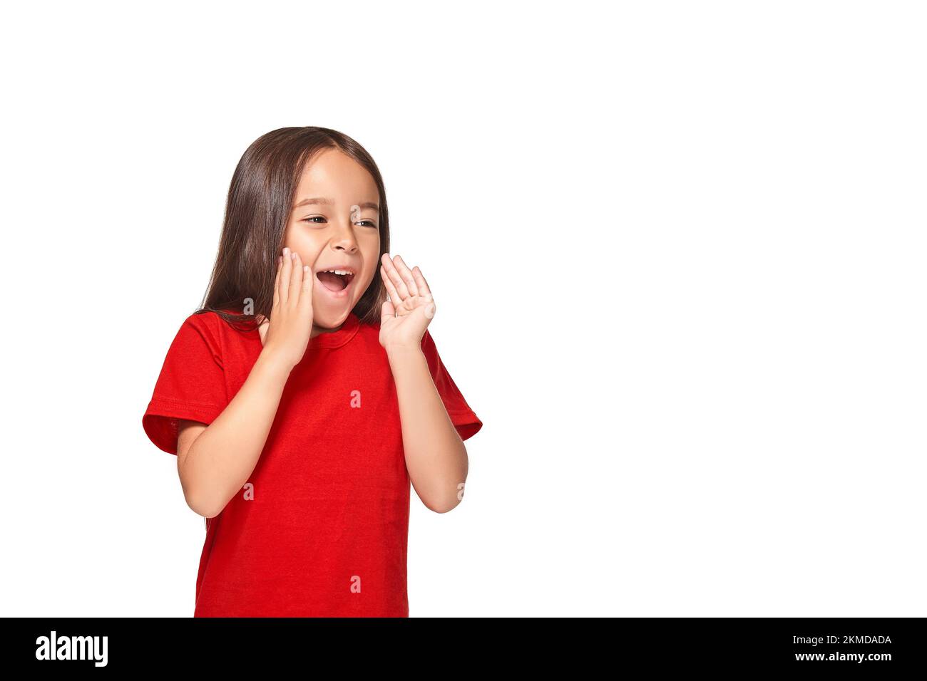 Portrait of little surprised girl excited scared. Isolated on white ...