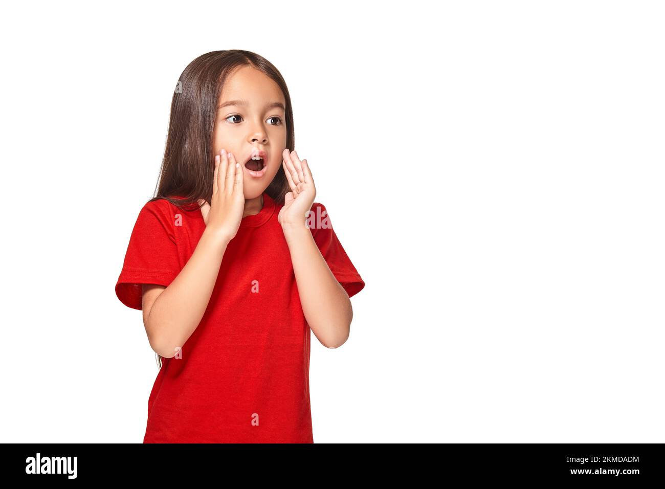 Portrait of little surprised girl excited scared. Isolated on white ...