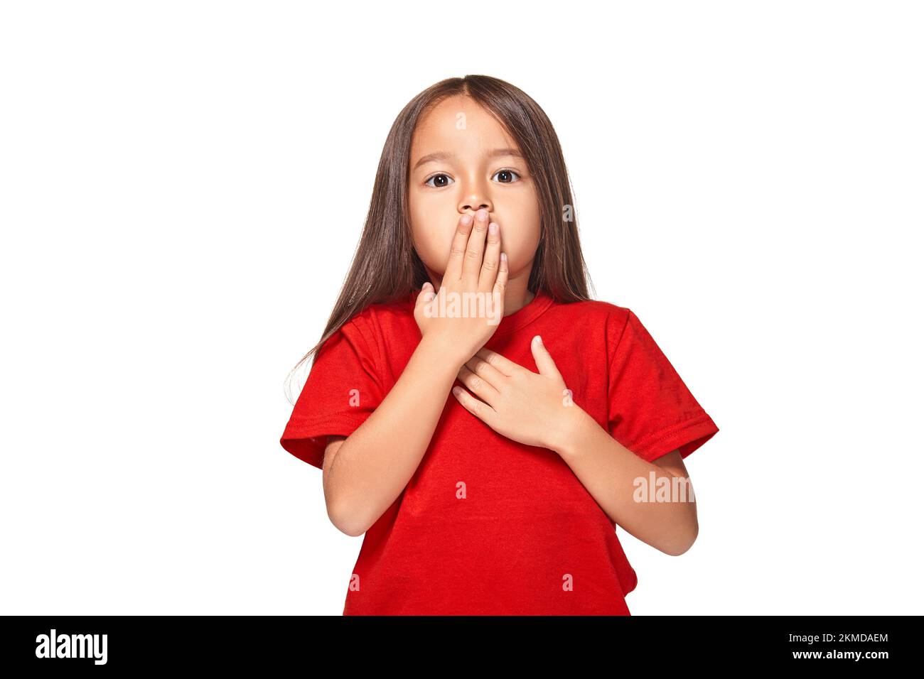 Portrait of little surprised girl excited scared. Isolated on white ...
