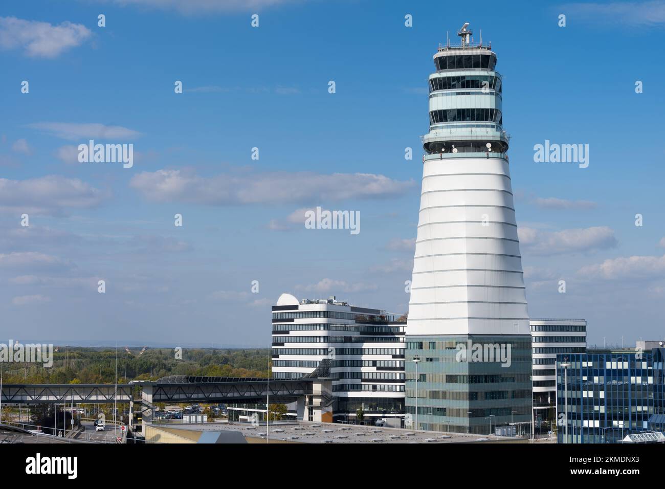 Vienna airport with high tower of air traffic control and various ...