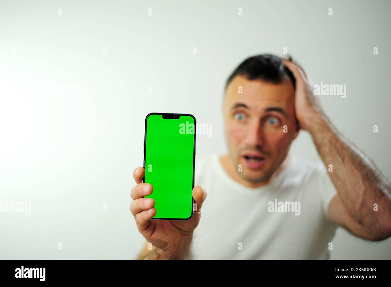 grown man phone green screen chromakey surprised and holding his hand ...