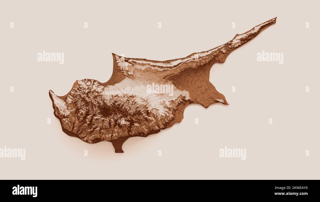 A 3D illustration of a brown clay map of Cyprus on a white background ...