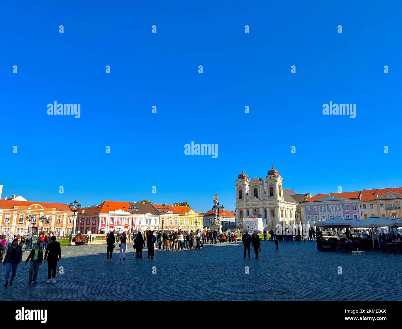 An exterior view of Union square buildings in Timisoara, Roman in blue ...