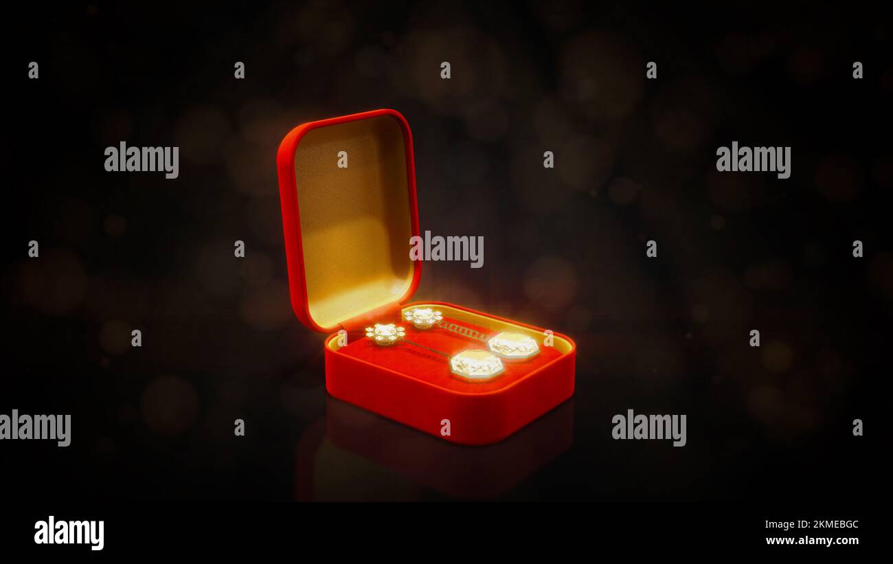 Red and golden opened jewelry gift box with diamond shackles set on ...
