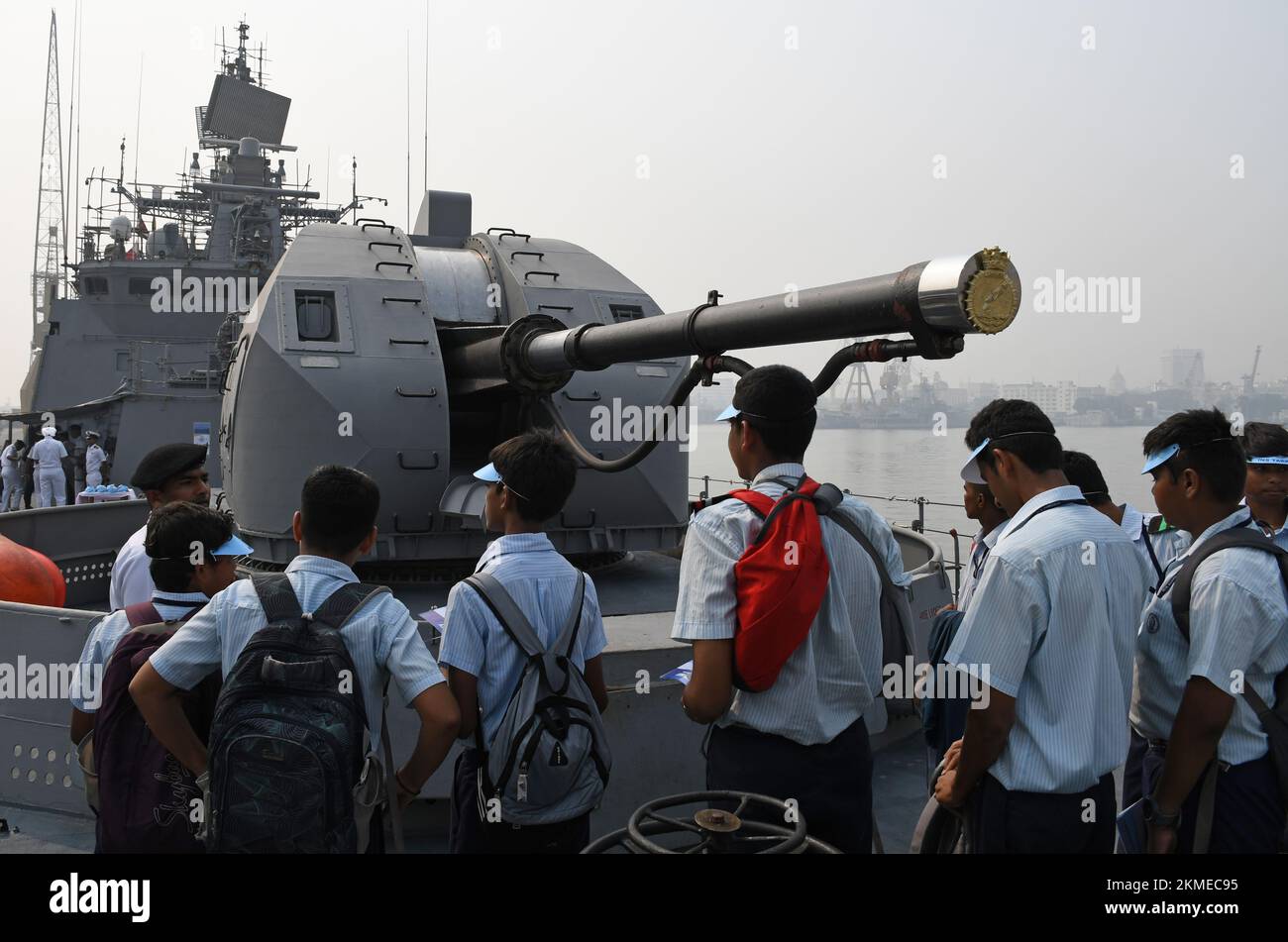 School children are seen on an Indian Navy warship at Naval dockyard in ...