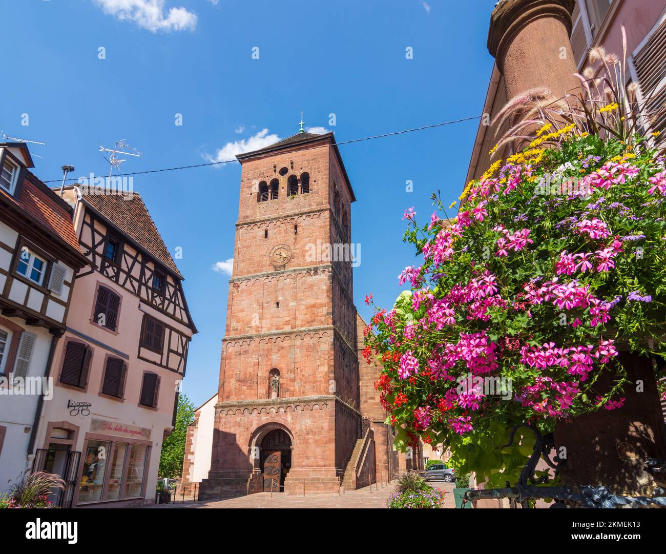 Romanesque west tower of the church eglise notre dame de la nativite in ...