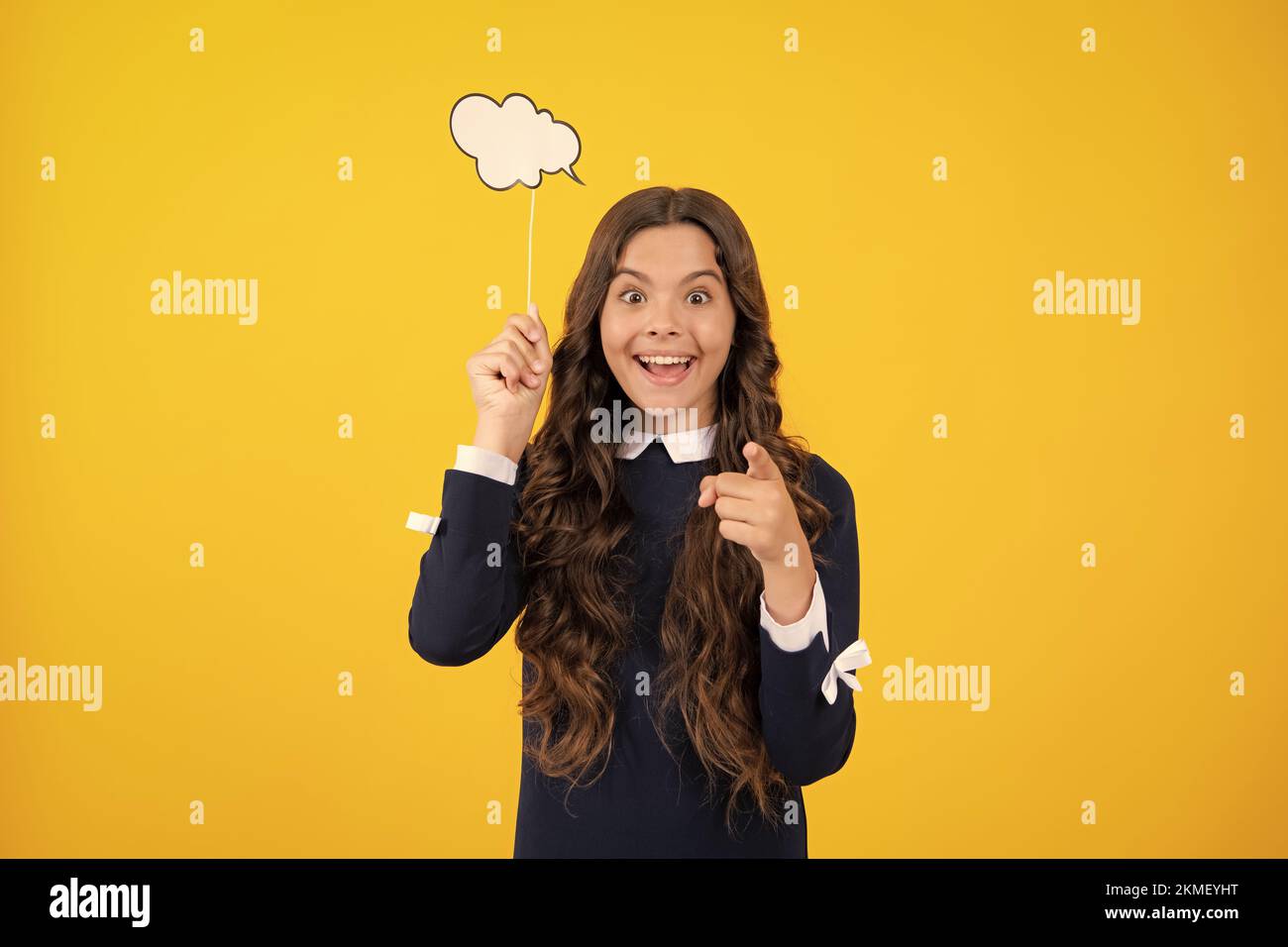 Teen girl holding clouds empty space, thinking bubble, comment cloud ...