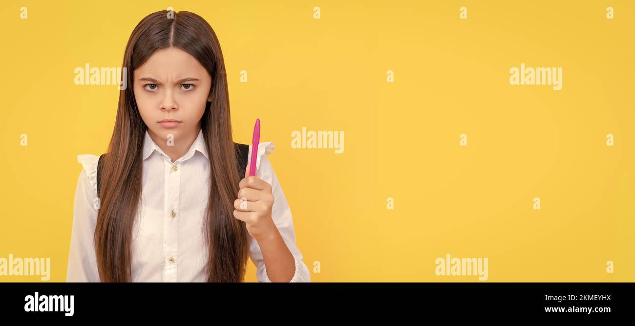 Always be serious about learning. Frown kid hold pen. School education ...