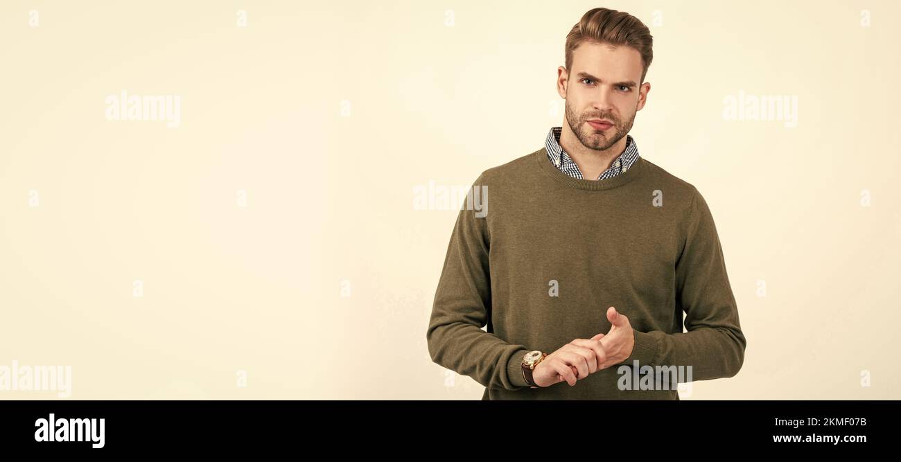 handsome man with stylish hair wear wristwatch isolated on white, male ...