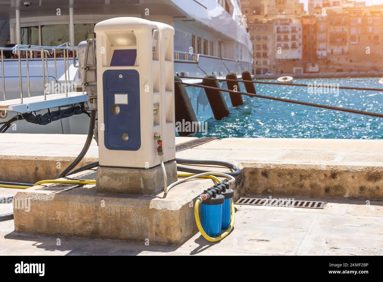 Electricity supply pedestal in a marina in port, stationary power ...