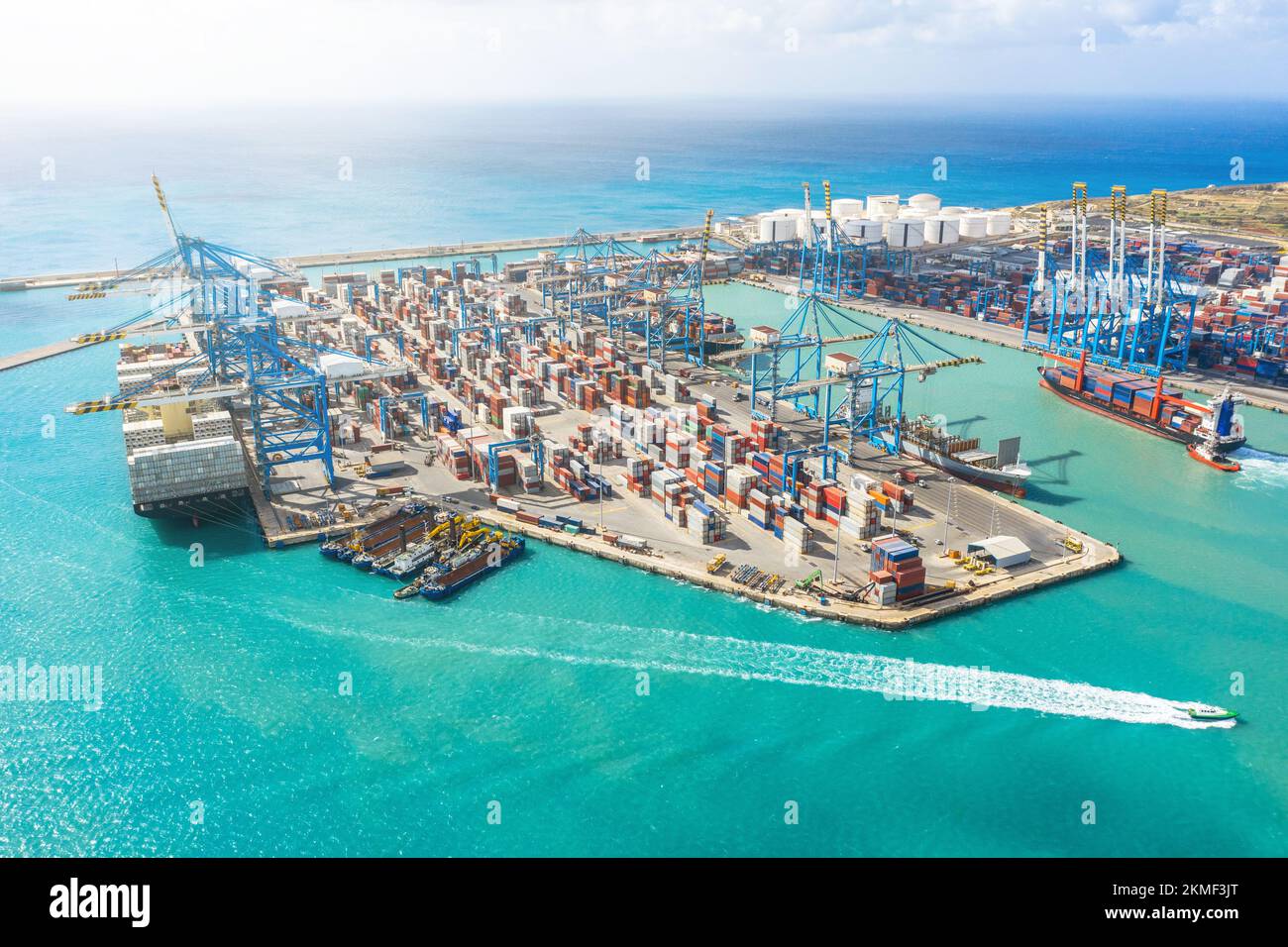 Aerial view of the sea cargo port with a huge number of containers ...