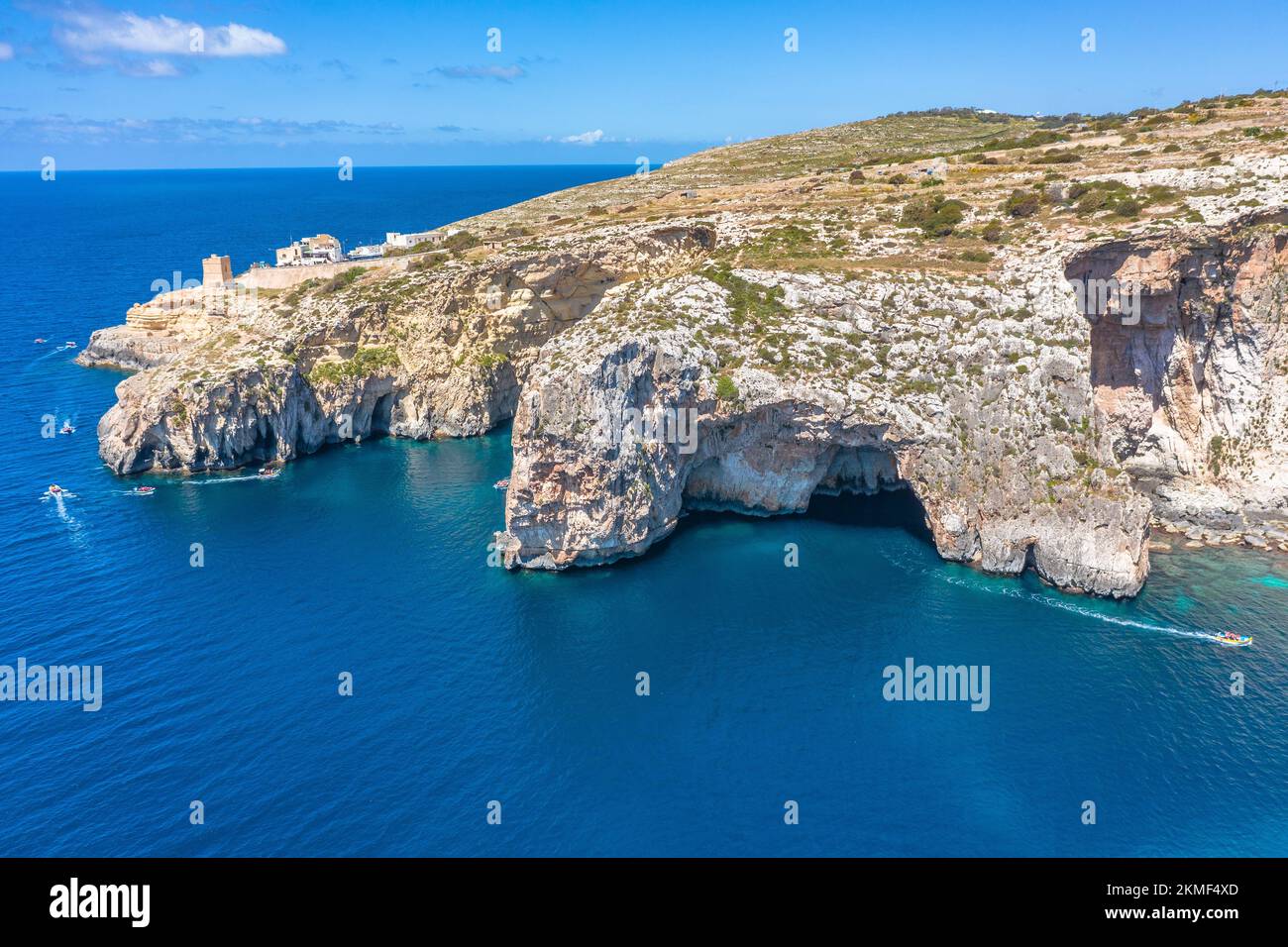 Blue Grotto in Malta, aerial view from the Mediterranean Sea to the ...