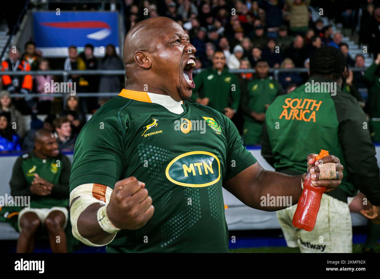 South Africa's Bongi Mbonambi celebrates late in the game during the ...