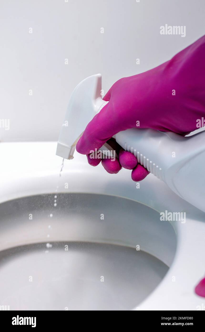 close-up of a hand spraying detergent on the toilet. toilet cleaning ...