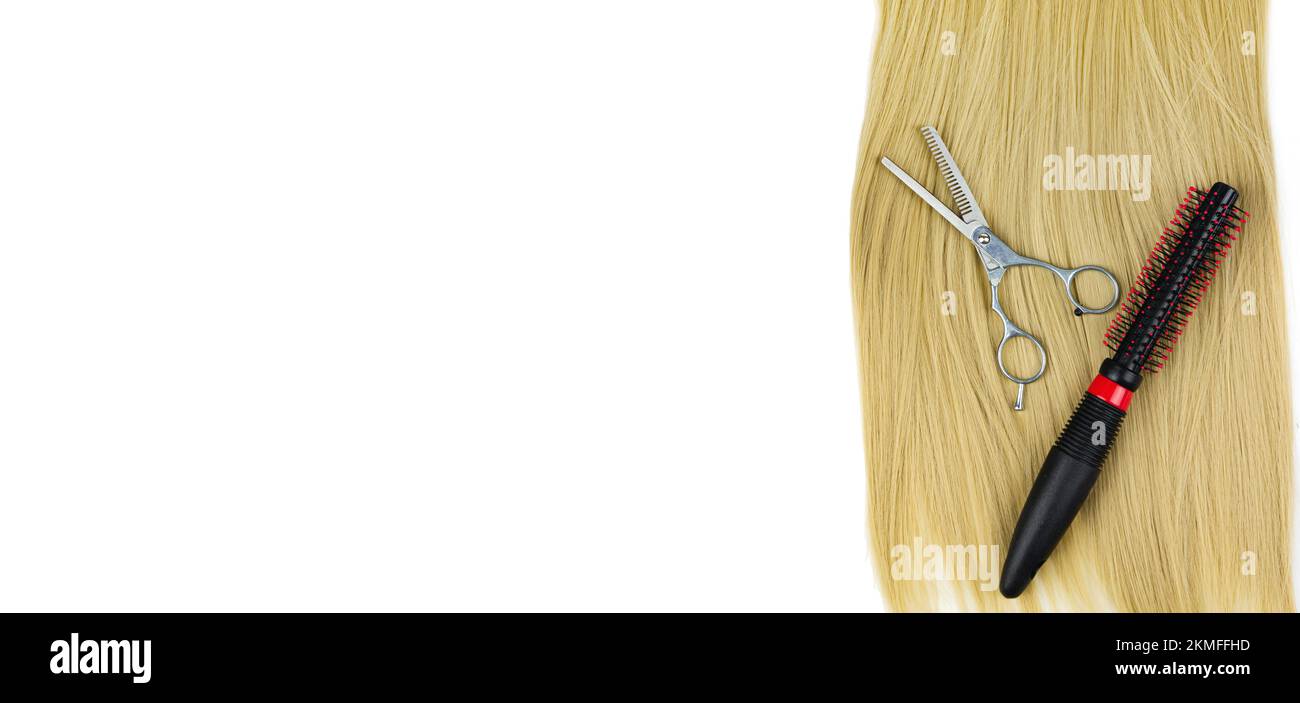 Top view flat lay of round hair comb and scissors for styling, Comb for ...