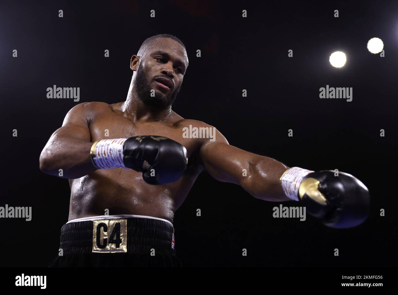 Cheavon Clarke celebrates victory in the cruiser weight bout at the OVO ...