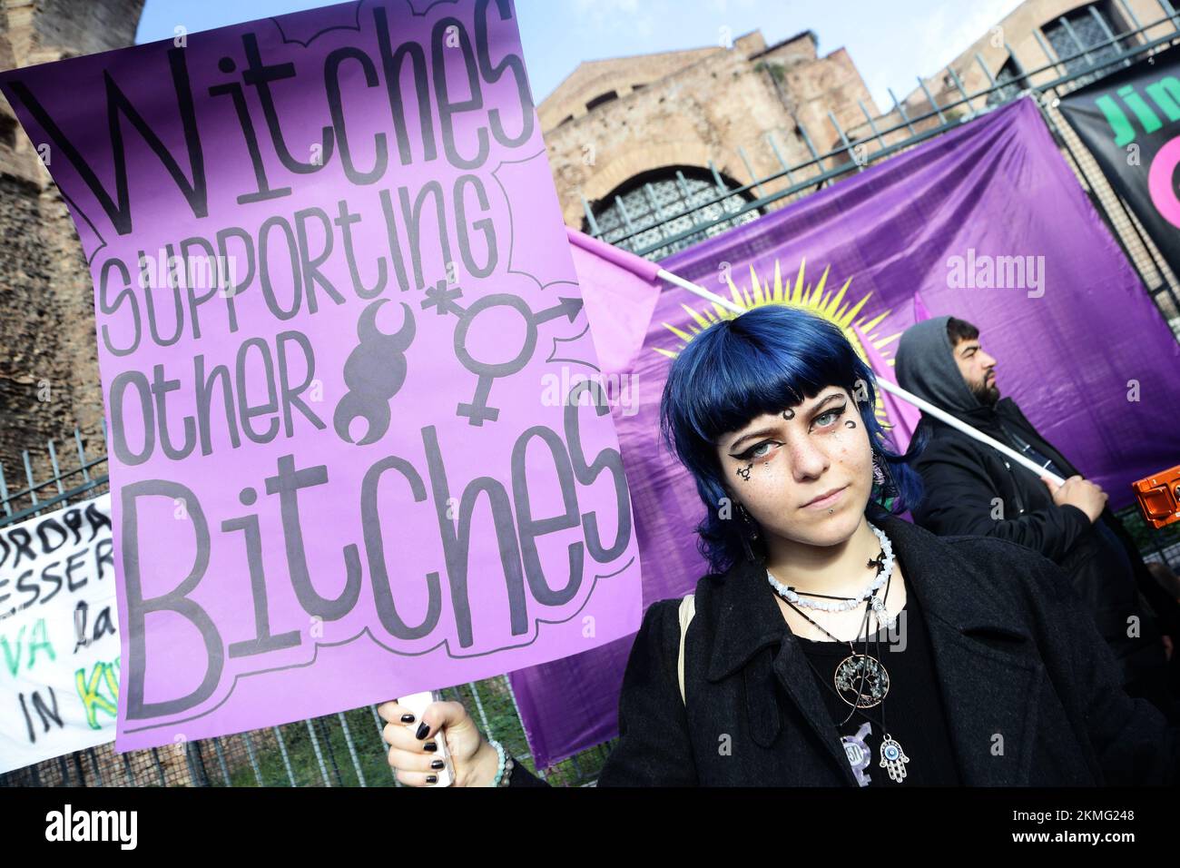 Rome, Italy. 26th Nov, 2022. Goth girl holds sign reading 'Witches ...