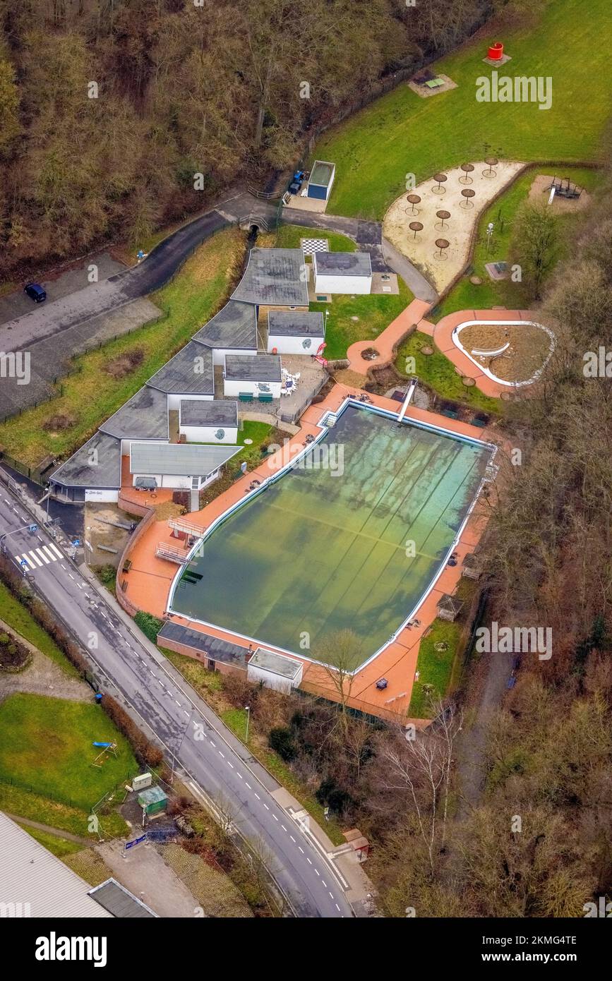 Aerial view, outdoor pool Löhnbad in Fröndenberg/Ruhr, Ruhr area, North ...