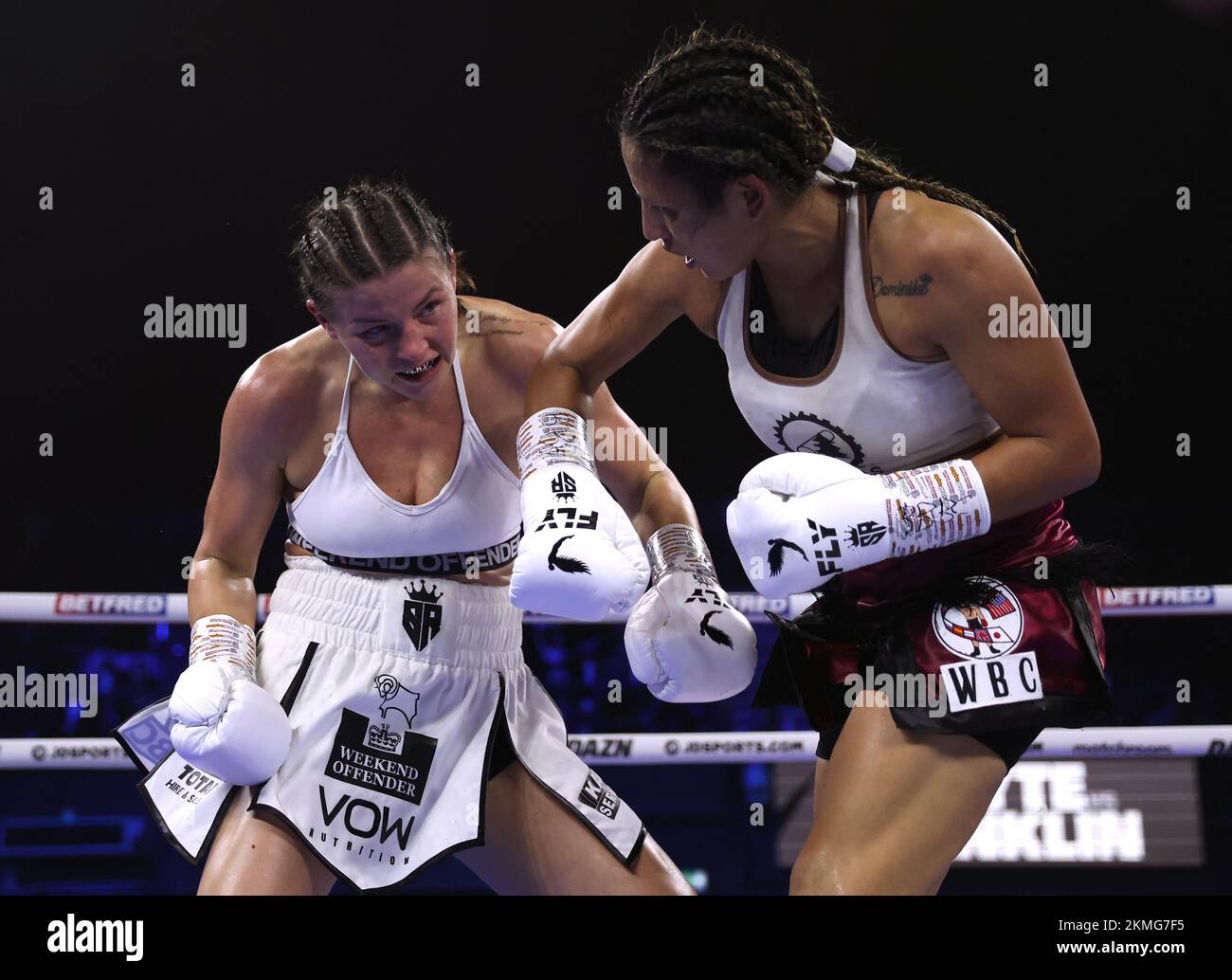 Anahi Ester Sanchez (left) and Sandy Ryan in the WBC International Super Light weight bout at ...