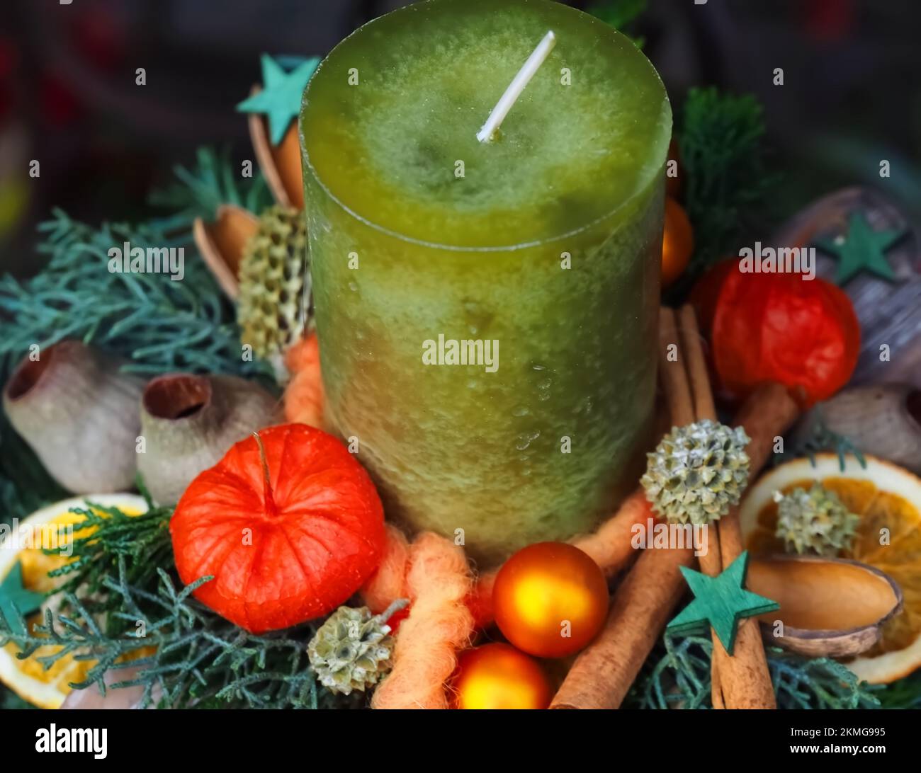 New Advent wreath with real candles and Christmas decorations Stock ...