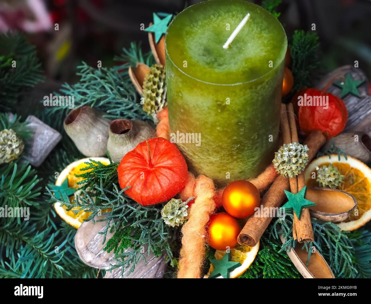 New Advent wreath with real candles and Christmas decorations Stock ...