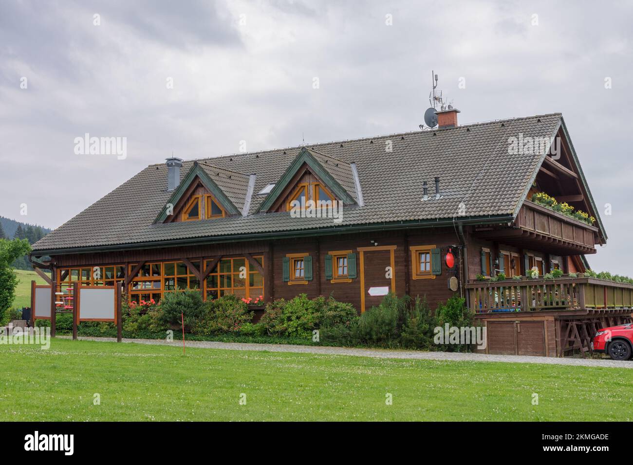 Mountain village in Jesenik mountains. Lower station of chairlift. Ski ...