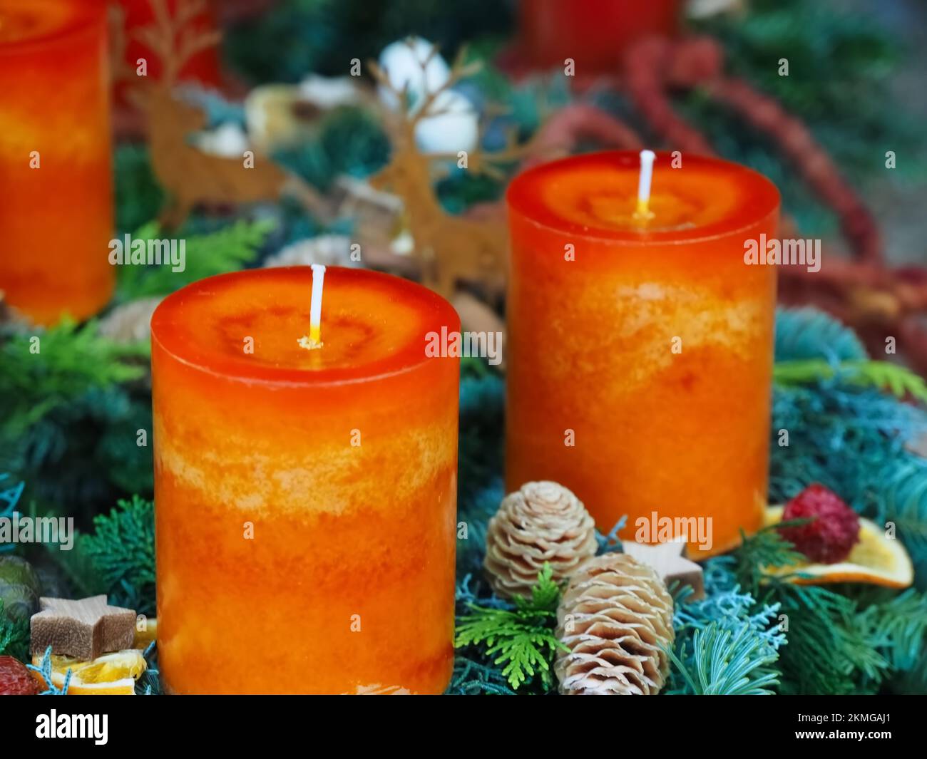 New Advent wreath with real candles and Christmas decorations Stock ...