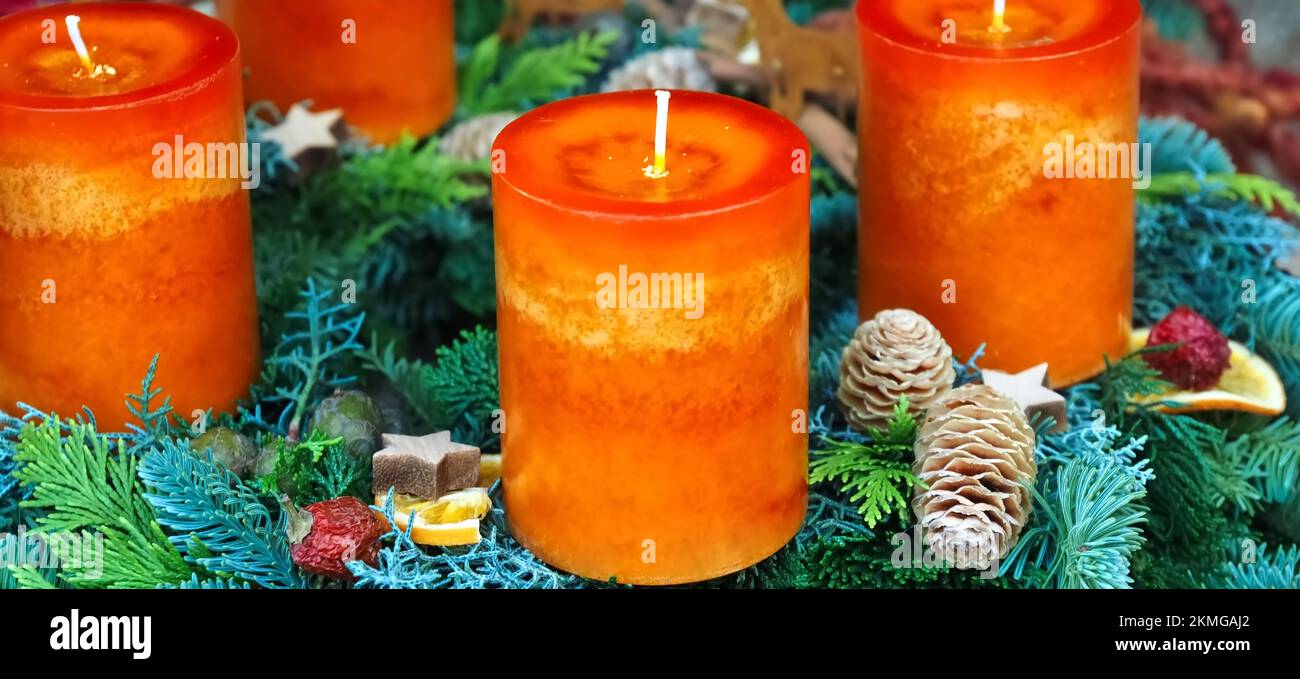 New Advent wreath with real candles and Christmas decorations Stock ...