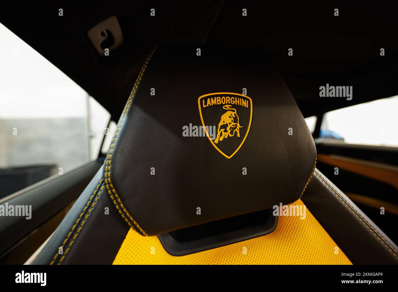 Ternopil, Ukraine- November 11, 2022: Logo in car seat of yellow ...