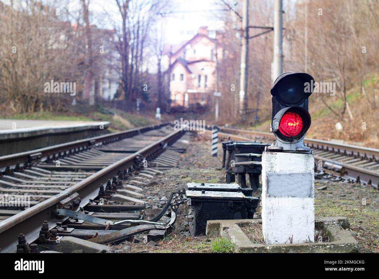 Traffic light shows red signal on railway. Red light Stock Photo - Alamy