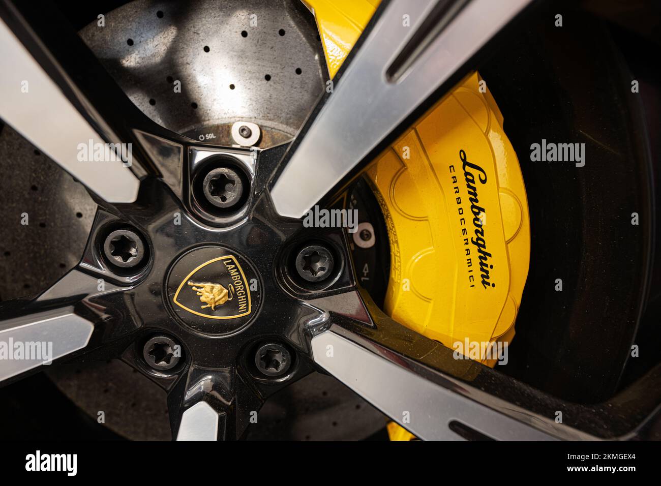 Ternopil, Ukraine- November 11, 2022: Car wheel with brakes of yellow ...