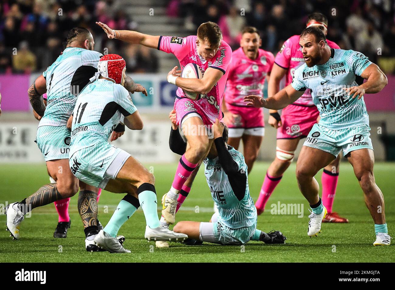 Leo BARRE of Stade Francais and Bruce DEVAUX of Toulon during the ...
