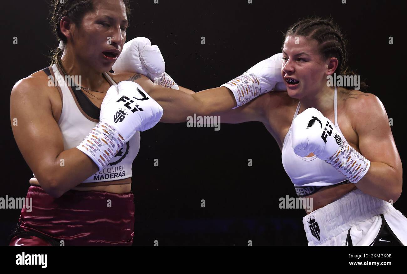 Sandy Ryan (left) and Anahi Ester Sanchez in the WBC International Super Light weight bout at ...