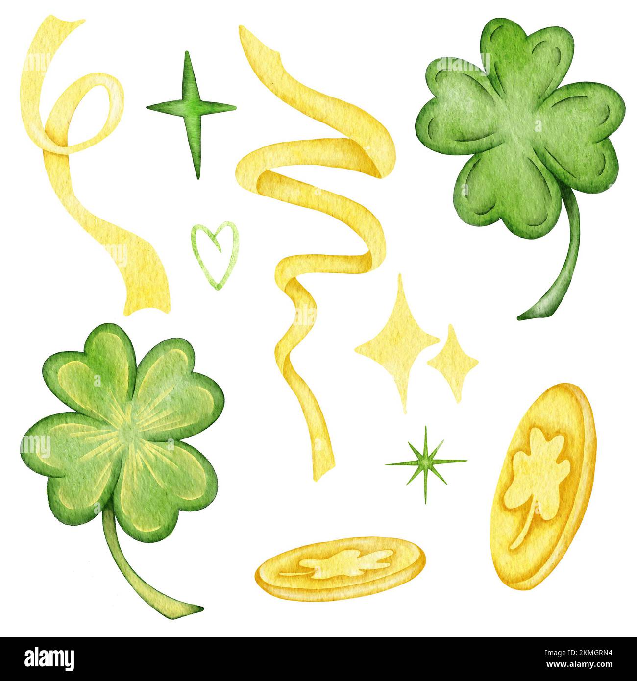 St. Patrick's Day watercolor set with green leafes, ivy, clover ...