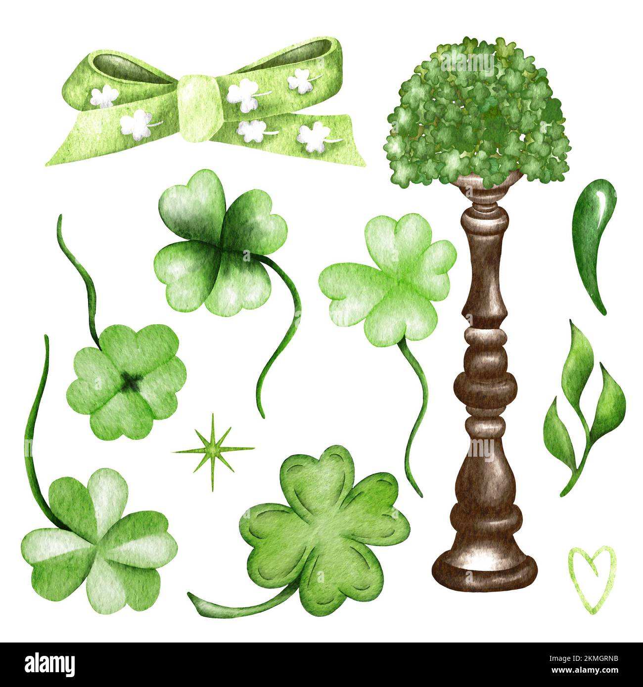 St. Patrick's Day watercolor set with green leafes, ivy, clover ...